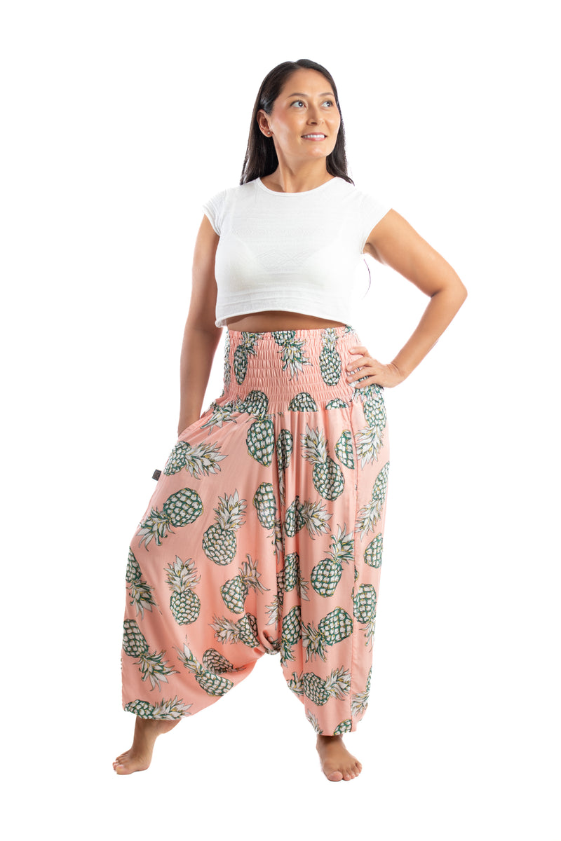 Handmade Women Flowy Harem Pants - Jumpsuit Smocked Waist(Pineapple Pi ...